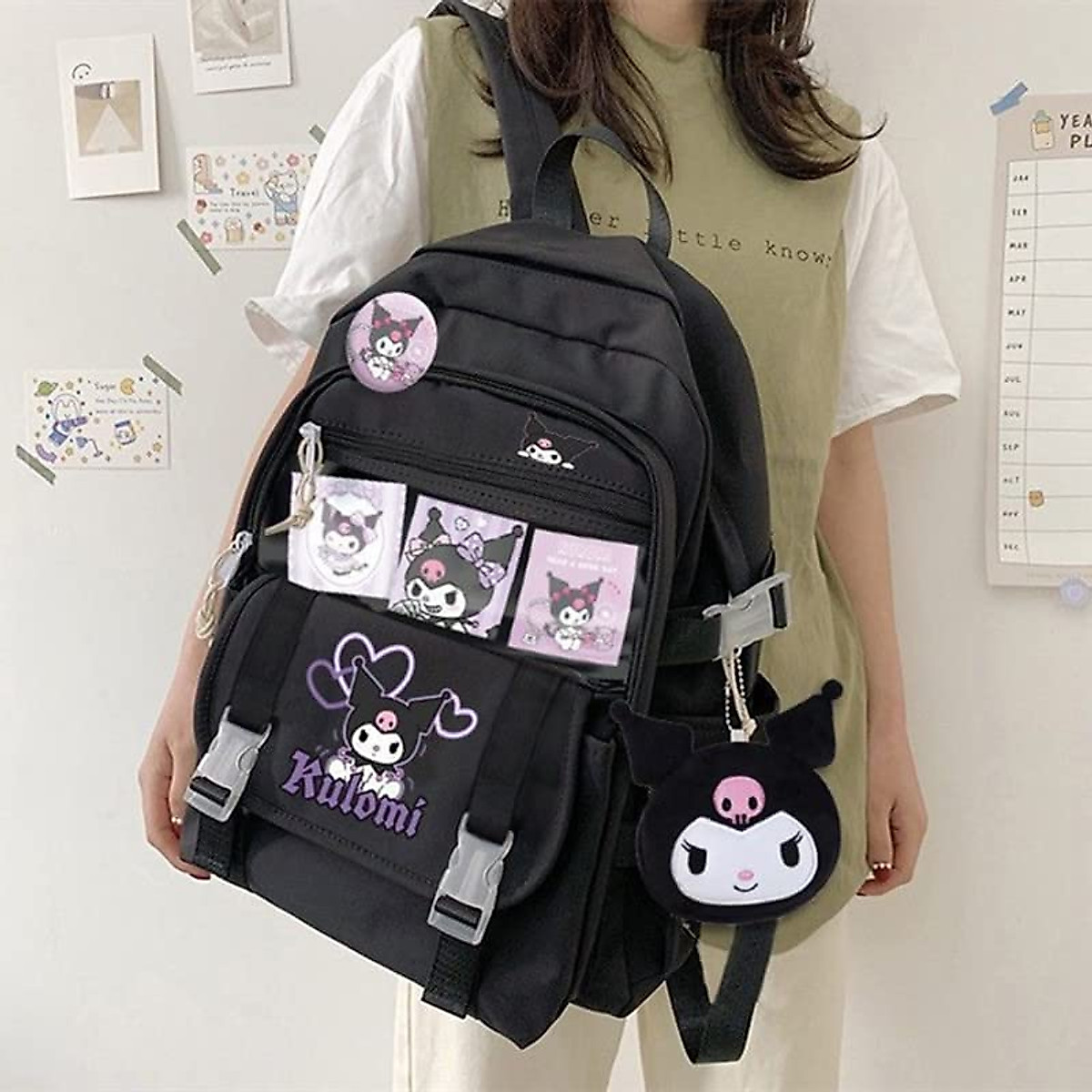 Edles Elves backpack school bag withe side pokect large suitable for boy girl ​hiking camping picnic (black, doll, card, badge)