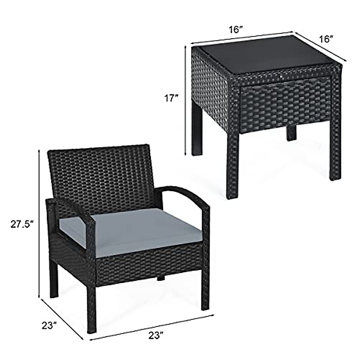 Tangkula 3 Piece Patio Conversation Set, Outdoor Rattan Sofa Set with Seat Cushions & Coffee Table, Patio Wicker Furniture Set for Garden Balcony Backyard Poolside (Grey)