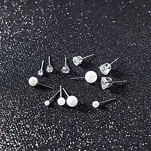 SUNSCSC Women's Stainless Steel Round Clear Cubic Zirconia Pearl Stud Earrings Gift 12 Pairs (White)