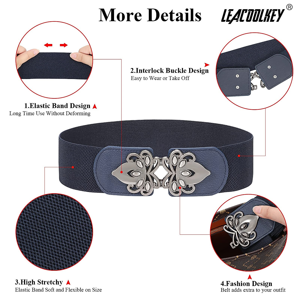 LEACOOLKEY 4 Pack Women Wide Elastic Waist Belt for Dress Vintage Stretch Cinch Belt Retro Buckle