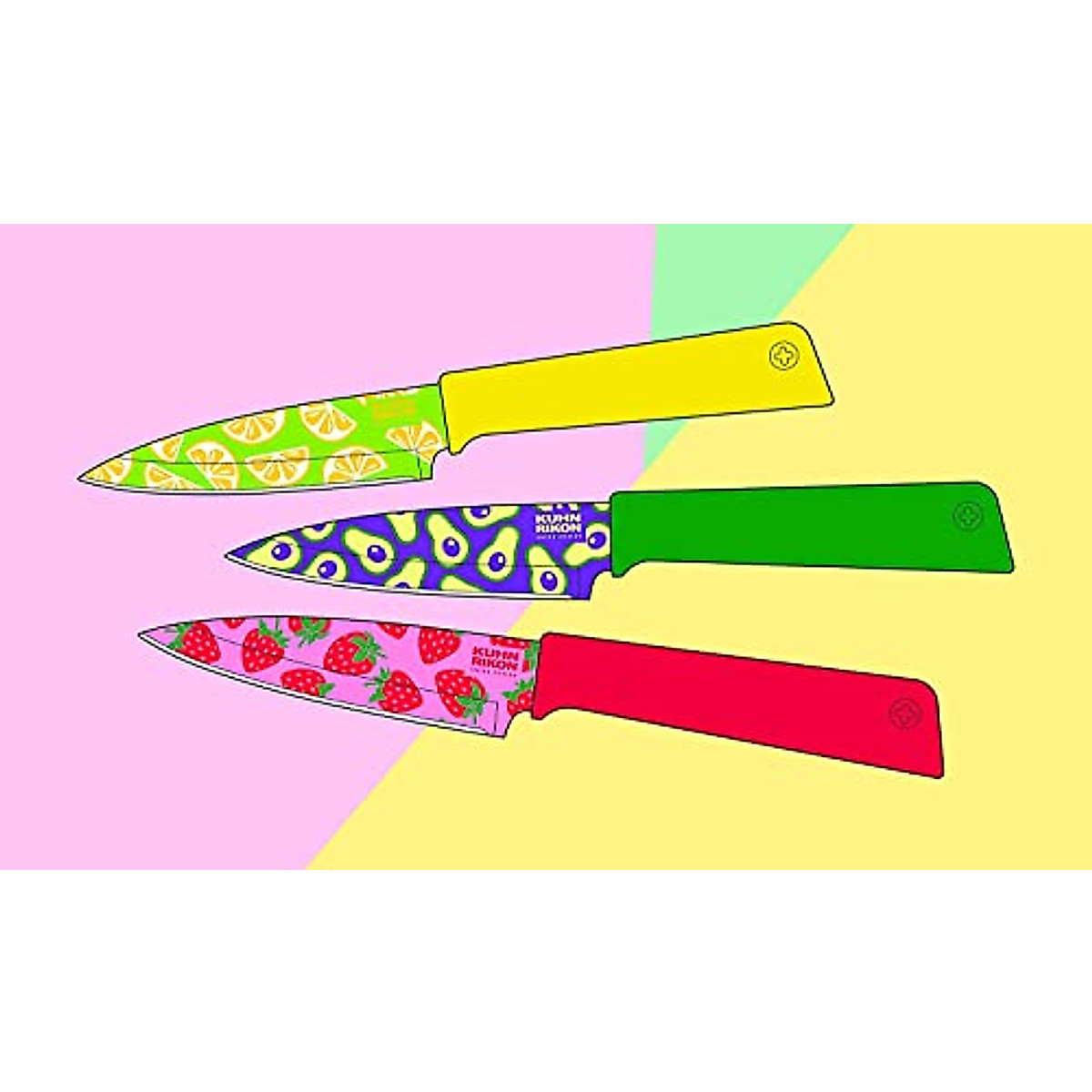 KUHN RIKON Colori+ Non-Stick Straight Paring Knife with Safety Sheath, 4 inch/10.16 cm Blade, Funky Fruit Strawberry