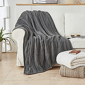 Longhui bedding Acrylic Cable Knit Sherpa Throw Blanket - Thick, Soft, Big, Cozy Grey Knitted Fleece Blankets for Couch, Sofa, Bed - 60 x 80 Inches Gray Coverlet, 5.2 Pounds