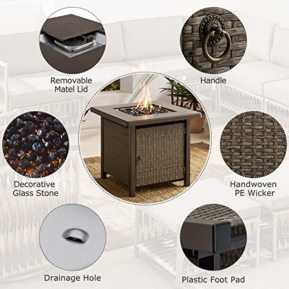 Art Leon 28in Gas Fire Pit Table, 40,000 BTU Outdoor Wicker Patio Propane Fire Pit Table with Lid, 11 Pound Amber Glass Rocks, CSA Certification, for Outside Patio, Garden, Backyard, Khaki