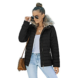 Vetinee Women Casual Faux Fur Lapel Zip Pockets Quilted Parka Jacket Puffer Coat Coatigan Jackets for Women Black Large (Fits US 12-US 14)