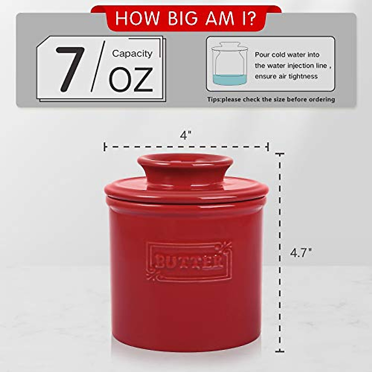 AVLA 2 Pack Ceramic Butter Crock, French Butter Dish with Water Line, Butter Keeper Butter Container for Countertop, Big Capacity, Red