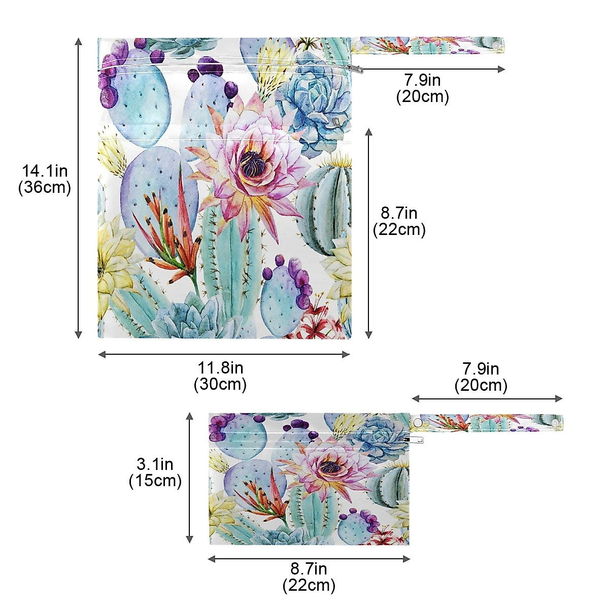 AUUXVA Tropical Succulent Cactus Floral Wet Dry Bag Set Waterproof Reusable Baby Diaper Bags Organizer with Two Zippered Pockets for Travel Beach Swimming Swimsuit Wet Clothes 2 Pack