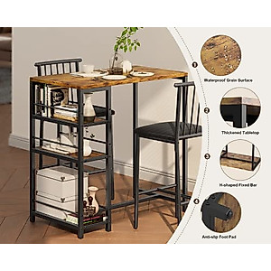 Gizoon Bar Table and Chairs Set for 2 with 3 Storage Shelves, Kitchen Counter Height Dining Table Set with Pu Cushion Chairs & Thick Wood Top for Breakfast, 3-Piece Modern Pub Table Set - Retro