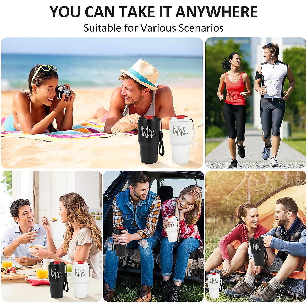 Mr & Mrs Tumblers Set, Mr and Mrs Stainless Steel Insulated Travel Mug Tumblers with Hand Strap, 20 oz Couples Drinking Coffee Cups for Newlyweds Engagement Wedding Gifts Bridal Shower Anniversary