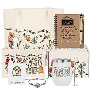 Teacher Appreciation Gifts for Women - 12oz Tumbler, Canvas Tote, Notebook & Pen Set for Christmas/Birthday/Retirement - Perfect for Preschool, Science, English Teachers (Students/Parents Gift Idea)
