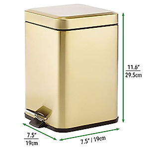 mDesign Slim Metal Square 1.5 Gallon Trash Can with Step Pedal, Easy-Close Lid, Removable Liner - Narrow Wastebasket Garbage Container Bin for Bathroom, Bedroom, Kitchen, Office - Soft Brass