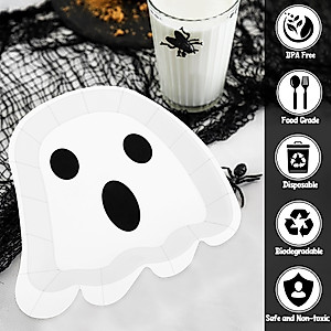 QZYL 50 PCS Halloween Plates, 7.6'' X 6.8'' Ghost Plates, Disposable Halloween Paper Plates with Ghost Design, White Halloween Party Plates for Halloween Decorations Party Supplies Decor Ghost Decor