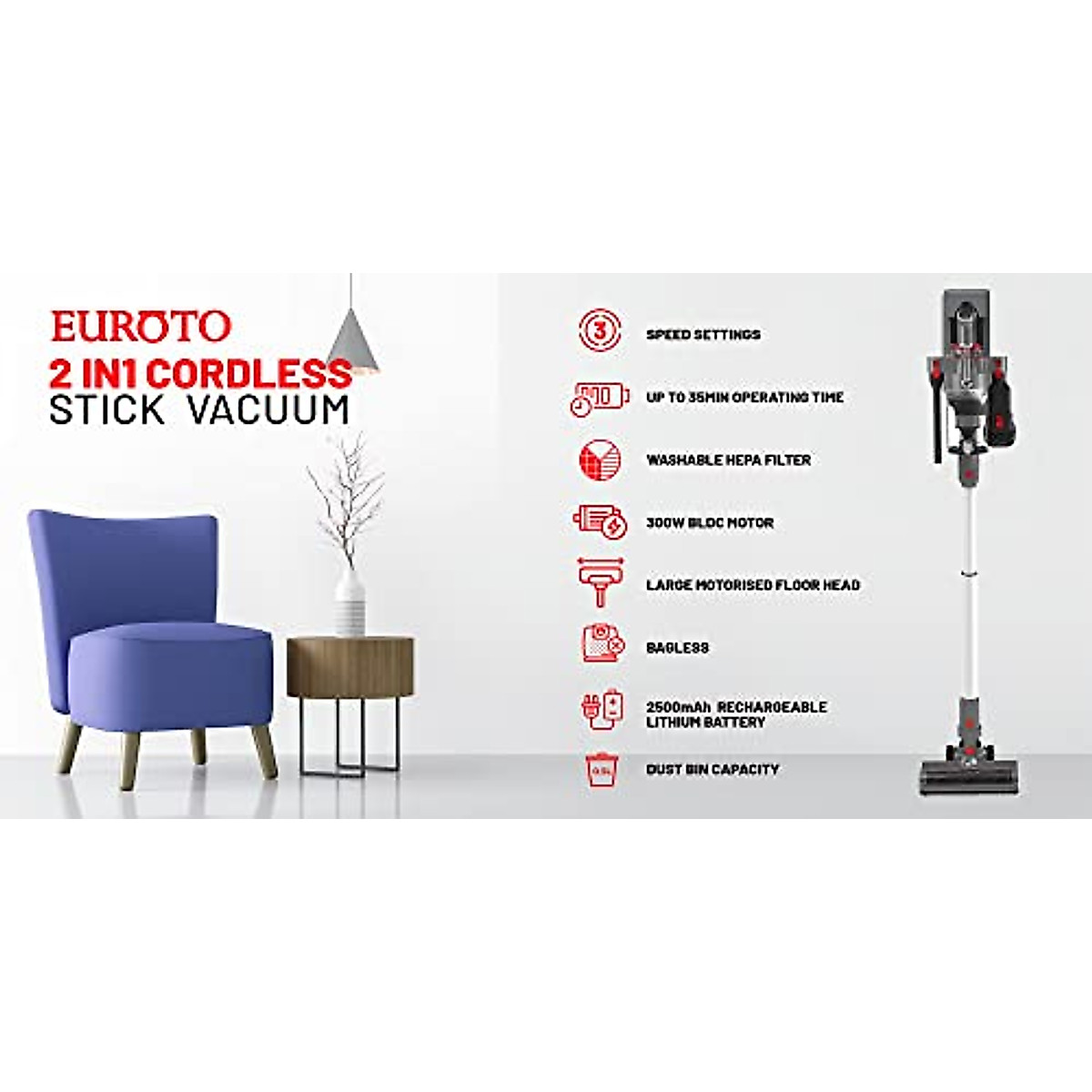 EUROTO Cordless Vacuum Cleaner, Water Tank&Mop, 2-in-1 Powerful Stick Vacuum - 300W 24KPa, 35min Runtime Lightweight Vacuum Cleaners - Telescopic Tube and Detachable Battery Handheld Vacuum