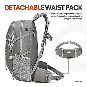 SAVVY NOMAD 40L Hiking Travel Packable Lightweight Camping Backpack Daypack with Removable Belt Bag for Women Men-Gray
