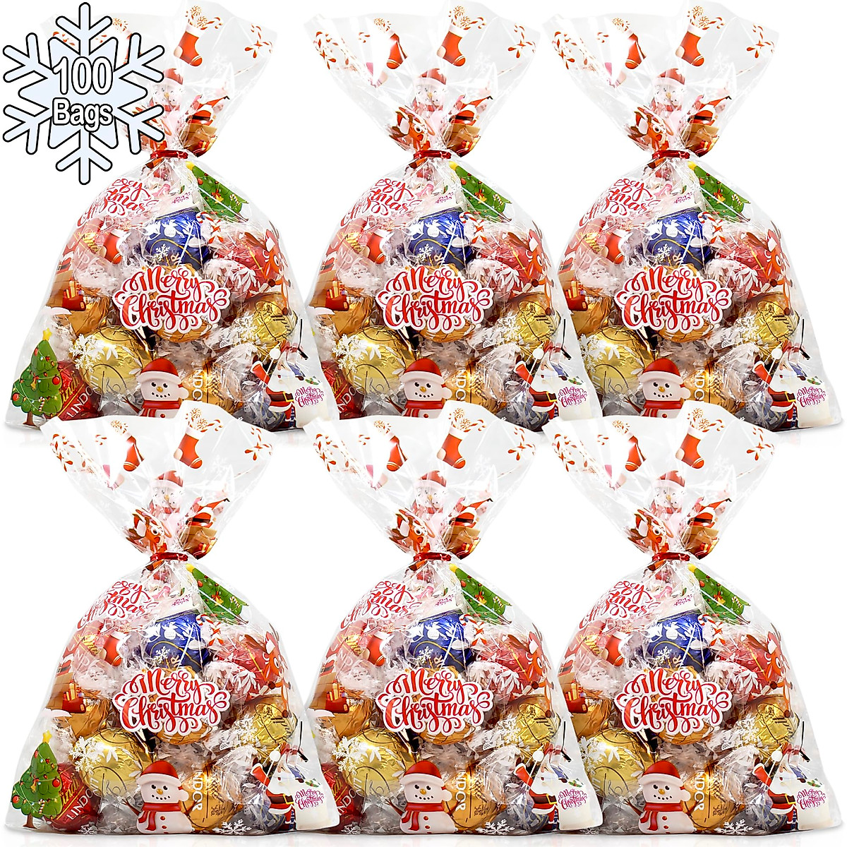 AnapoliZ Christmas Treat Bags | 100 pcs (6” x 9” Inch) | 2.5 Mil Crystal Clear Cellophane Bags with Merry Christmas Designs | Santa, Snowman Cello Bags | Christmas Party Decorations | Xmas Treat Bags