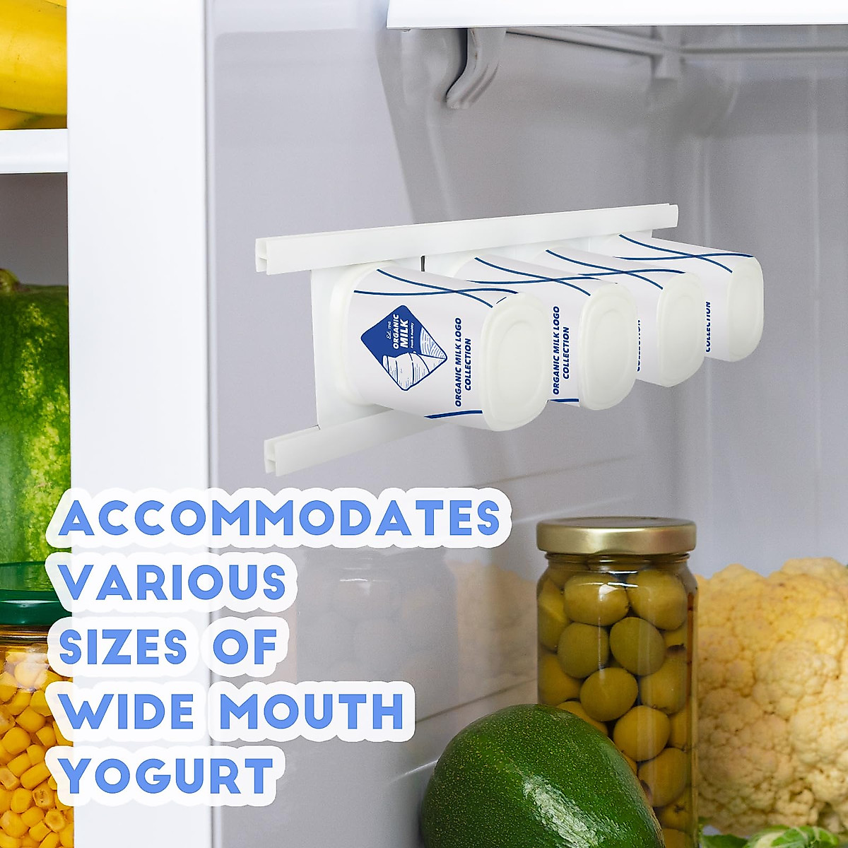 DLUGOPIS 6 Pcs 20 Capacity Fridge Yogurt Organizer Yogurt Fridge Holder Yogurt Storage with Self Adhesive Tapes Yogurt Container for Fridge 3.75 Inch Multiple Sizes Yogurt Refrigerator, white