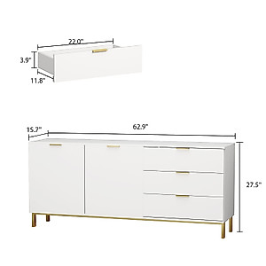 AIEGLE Sideboard Buffet Cabinet with Storage, Wood Coffee Bar Cabinet, 63" Kitchen Cabinet with 3 Drawers & 2 Doors, Kitchen Buffet Cabinet Cupboard with Gold Metal Legs, White