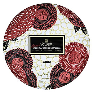 Voluspa Spiced Goji Tarocco Orange Candle | 3 Wick Tin | 12 Oz. | 40 Hour Burn Time | Vegan | All Natural Wicks and Coconut Wax for Clean Burning