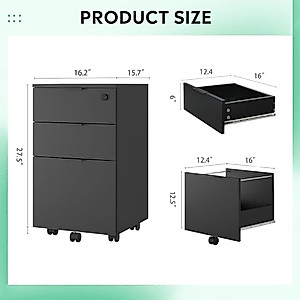 GOSROMS 3 Drawer File Cabinet with Lock & Charging Station, Wooden Move File Cabinet with Wheels, for Home Office, A4/Letter Size Files Under Desk - Black