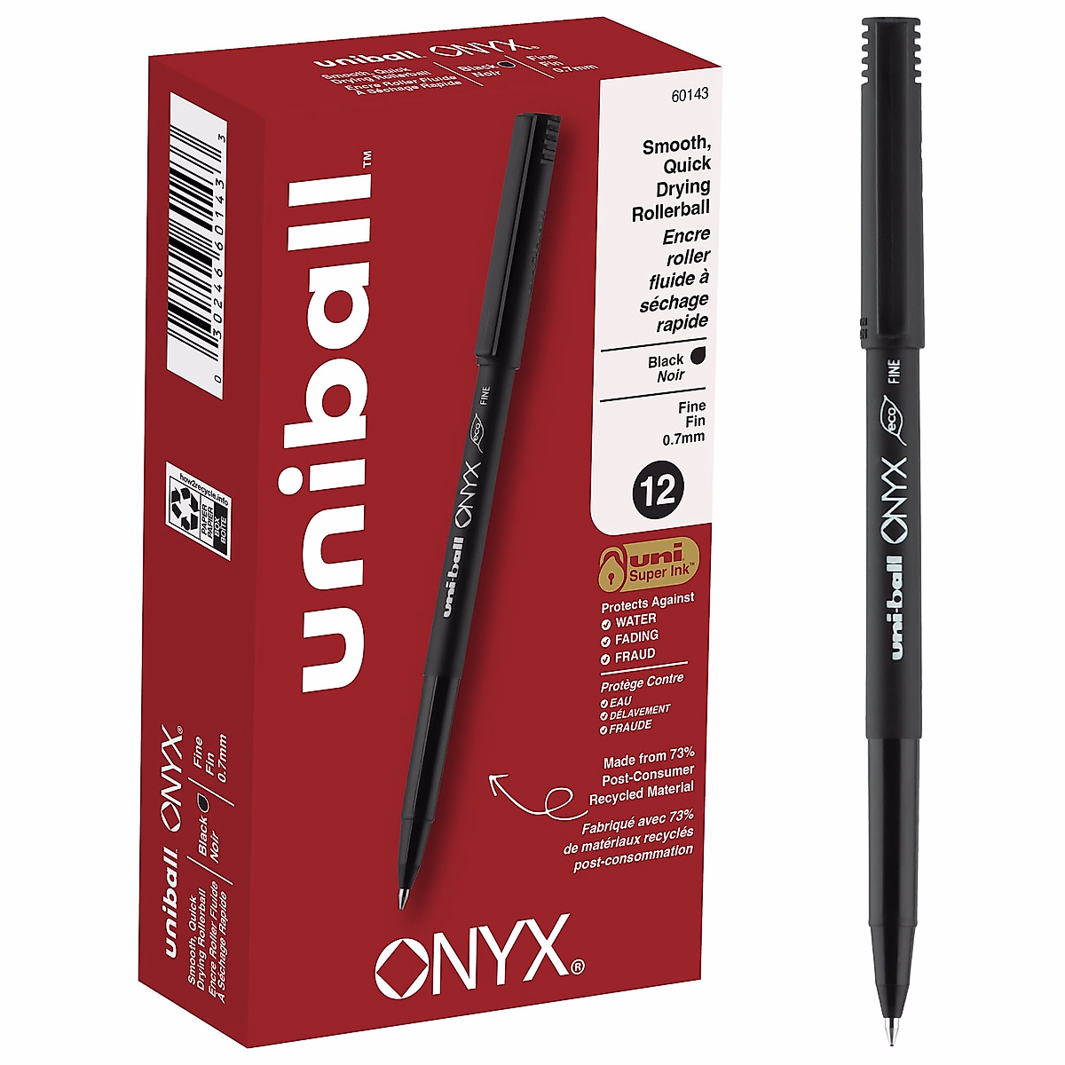 uni-ball Onyx Rollerball Pens Fine Point, 0.7mm, Black, 12 Pack