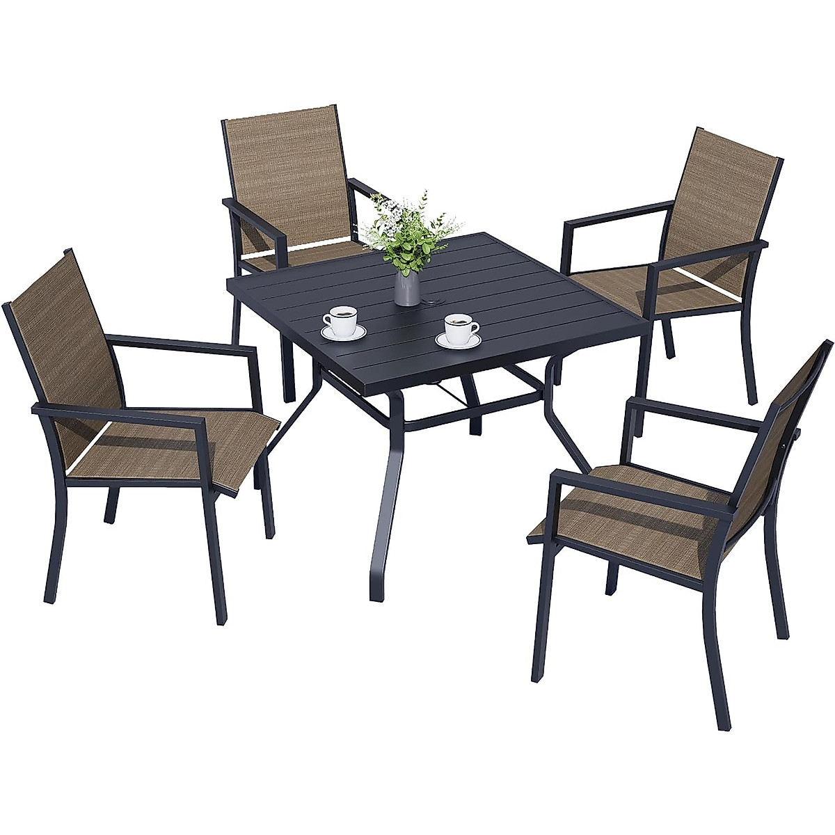 Anmutig 5 Piece Outdoor Patio Dining Set, 4 Textilene Chairs & 1 Square Dining Table for Backyard Front Porch Pool Deck Outdoor Furniture Set - Light Brown