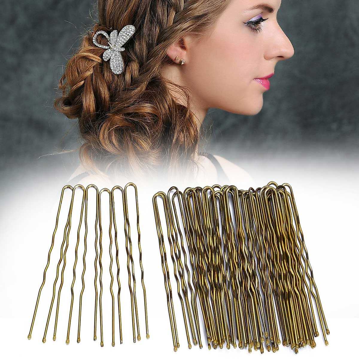 300 Bun Hair Bobby Pins U Shaped Pin with Box Hair Grips to Clip Ballet Hair Net for Women 6 CM/2.3 inch Golden