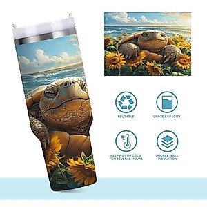 Slewiaeky Tumbler with Handle 40 oz Turtle Ocean Kawaii Travel Mug with Lid and Straw Sunflower Stainless Steel Vacuum Insulated Water Bottle Cup for Iced Tea Coffee Cold Beverages Cup Holder Friendl