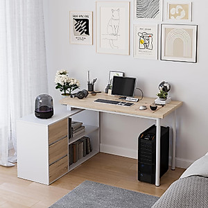 Mekminop L Shape Computer Desk with 3 Drawers and 2 Shelves, Home Office Desk Corner Small Desk with Storage Cabinet for Writing Study Executive – Walnut and White