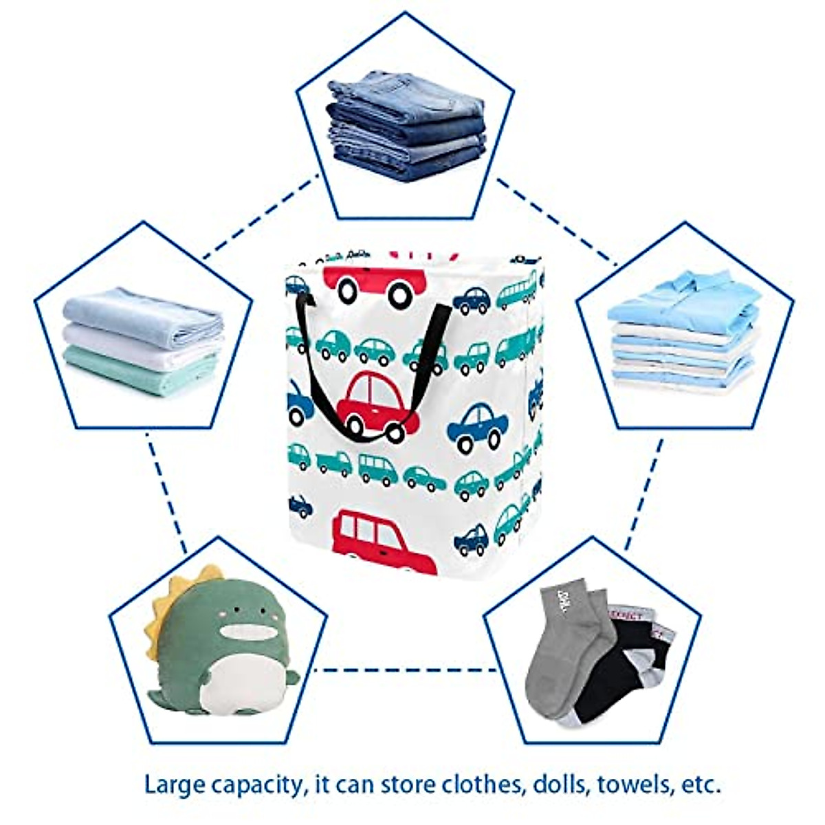 Driving Cars Print Collapsible Laundry Hamper, 60L Waterproof Laundry Baskets Washing Bin Clothes Toys Storage for Dorm Bathroom Bedroom