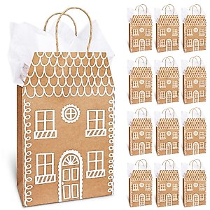 JarThenaAMCS 12Pcs House Shaped Gift Bags Winter Snow House Kraft Paper Bags with Tissue Paper Rustic Christmas Candy Treat Bags for Xmas Holiday Housewarming Estate Agent Gifts