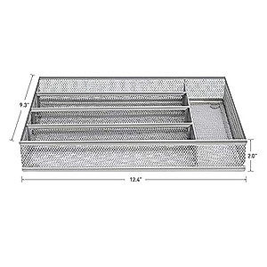 LUOOV 5 Compartment Mesh Small Cutlery Tray with Foam Feet - Kitchen Organization/Silverware Storage Kitchen Utensil Flatware Tray (Silver)