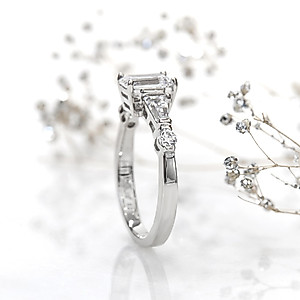 DoubleAccent Platinum Plated Sterling Silver Ring 1 CT Emerald Cut CZ Stone with Baguette Wedding Engagement Ring (Size 5 to 9), 6