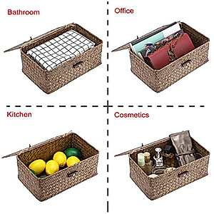 Hipiwe Wicker Shelf Baskets Bin with Lid, Handwoven Seagrass Basket Storage Bins Rectangular Household Basket Boxes for Shelf Wardrobe Home Organizer, Coffee Small