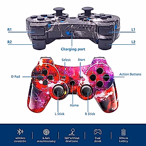 PS3 Controller Wireless, High Performance Controller with Upgraded Joystick for PlayStation 3, 2 USB Charging Cords (Red Star, Black Ghost)