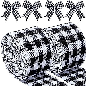 2 Rolls Wired Edge Ribbons Buffalo Plaid Burlap Ribbon Farmhouse DIY Gift Wrapping Crafts for Christmas Bow Wreath Tree Decoration (White Black Plaid, 2.5 Inch Wide, 472 Inch)