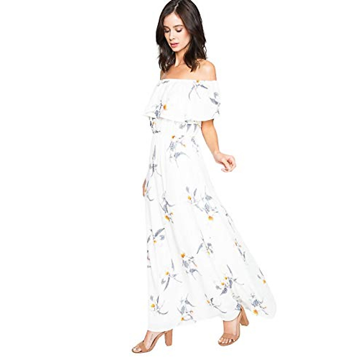 SUGARLIPS Women's Off Shoulder Dressy Casual Floral Maxi Dress, White-Multi, Small
