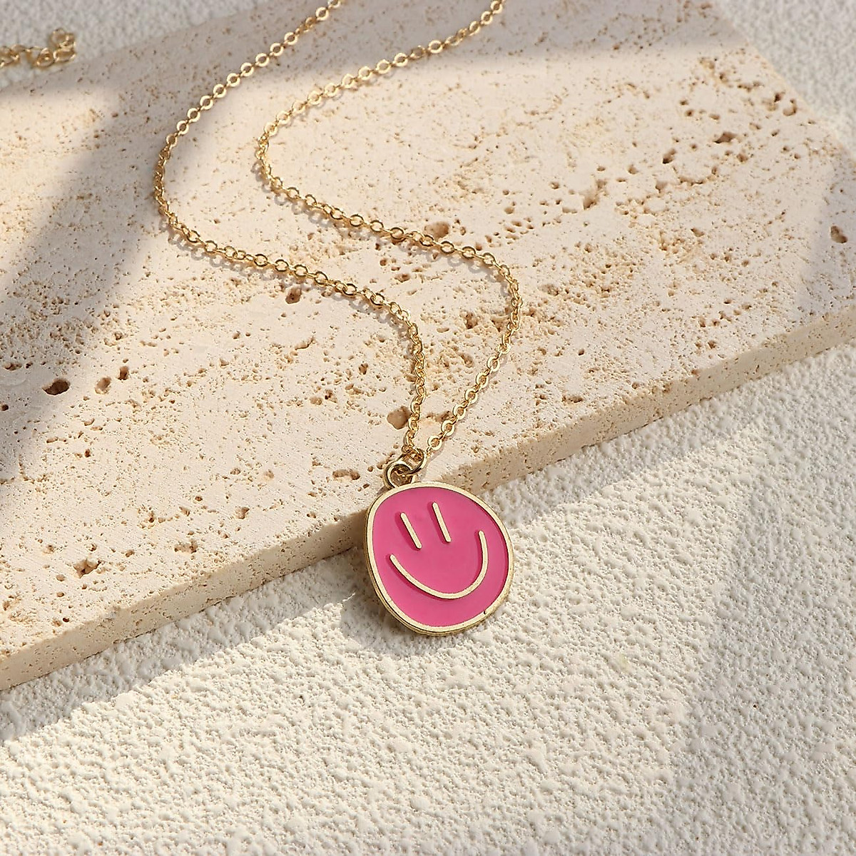 AULSIEY Smile Face Necklaces Cute Necklaces For Teen, Pink Necklace Hot Pink Jewelry Preppy Necklaces, Hot Pink Necklaces 14k Gold Plated Necklace Happy Face Necklace- Hot Pink