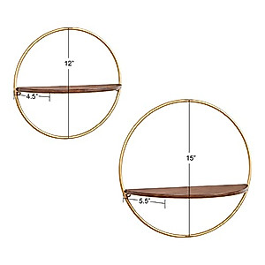 Kate and Laurel Maxfield Mid-Century Wall Shelf, Set of 2, Walnut and Gold, Chic Round Wall Decor for Storage and Display