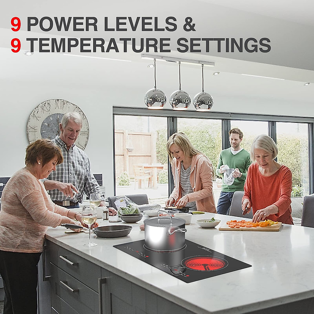 GTKZW Electric Cooktop 24 Inch,Electric Stove 2 Burners 110V Built-in and Countertop 2200W, LED Touch Screen, 9 Heating 9 Temperature, Overheat Protection, Kids Lock & Timer,Suitable for all Pans