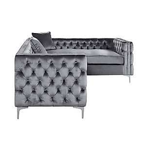 Iconic Home Mozart Elegant Velvet Modern Deeply Tufted with Silver Nailhead Trim Chrome Legs Right Facing Sectional Sofa, Grey