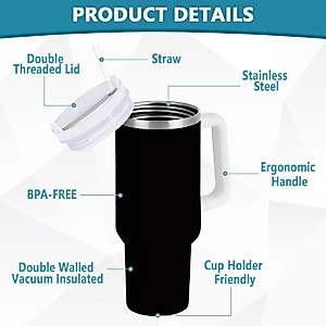 Emelivor Black 40 oz Tumbler with Lid and Straw Insulated Tumblers with Handle Large Travel Coffee Mug Stainless Water Cup for Women Men Sports Gym
