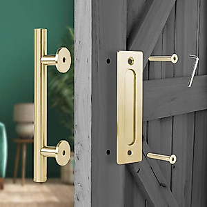 Rio Salto 12-Inch Brushed Brass Gold Barn Door Handle Kit, Closet Door Handle, Solid Aluminum Pull Handle and Flush Handle Set Heavy Duty Large Sliding Door Handles Hardware Included (1-Door Pack)