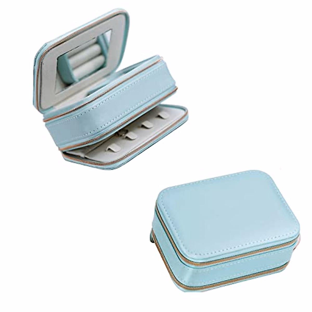 ASLIDECOR Travel Jewelry Case with Mirror,Double Zipper Bulk Travel Jewelry Box, 2 Layer Jewelry Travel Casex for Necklaces,Rings,Bracelets(BLUE)