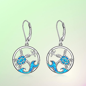 Turtle Earrings for Women Blue Opal Sea Turtle Earrings Dangle Sterling Silver 925 Hawaii Ocean Wave Starfish Jewelry Cute Friendship Mothers Day Christmas Gifts
