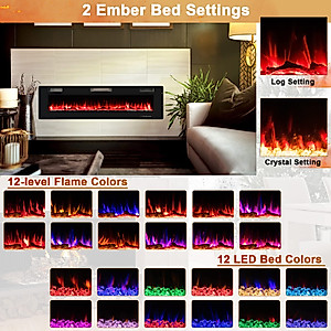 COSTWAY 68 Inches Ultra-Thin Electric Fireplace, 5100 BTU Recessed and Wall Mounted Fireplace Insert with Remote Control, Log and Decorative Crystals, Adjustable Flame Effect, ETL Certification