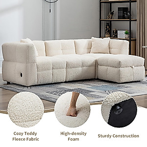 LUMISOL Large Sectional Sofa with Movable Storage Ottoman and 2 USB Ports, Teddy Fleece Fabric Sectional Sofa Couch with Lumbar Pillows, L-Shaped Sofa Couch for Living Room Apartments, Creamy White