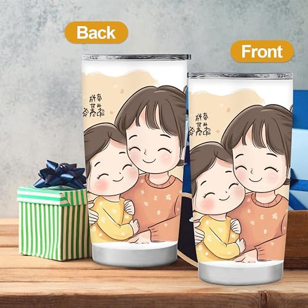 FOCIUZTA 20oz Whimsical Mother and Daughter Hug Tumbler with lid, Travel Coffee Cup, Ideal for Easter, Mother Day, and birthday gifts