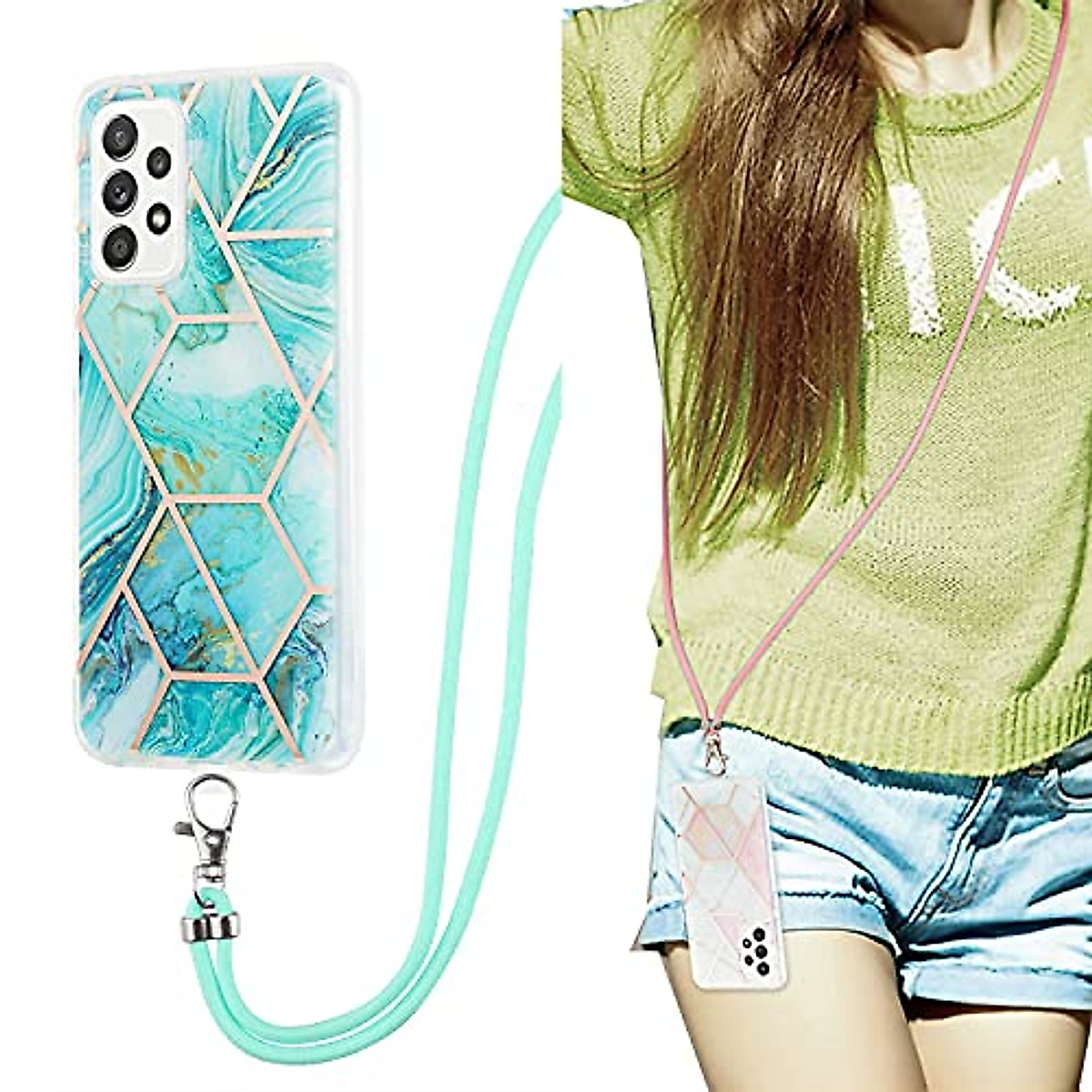 Samsung Galaxy A52 Phone Case,SZYZ Lady's Plating Marble TPU Bumper Protective Case with Removable Portable Lanyard and Screen Protector Function for Samsung Galaxy A52 YBGS Blue
