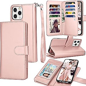 Tekcoo Wallet Case Compatible with iPhone 13 (6.1 inch) 2021 Luxury ID Cash Credit Card Slots Holder Carrying Pouch Folio Flip PU Leather Cover [Detachable Magnetic Hard Case] with Strap [Rose Gold]