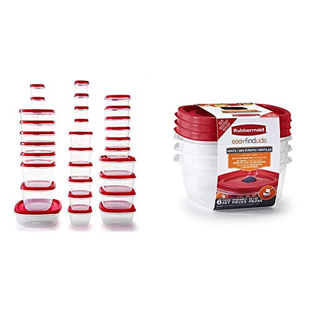 Rubbermaid Easy Find Vented Lids Food Storage Containers, Set of 30 (60 Pieces Total), Racer Red & Easy Find Lids Food Storage and Organization Containers, 3-Pack, Racer Red