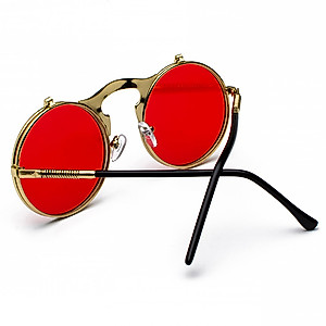 COASION Red Round Flip Up Sunglasses for Men Women Juniors Circle Steampunk Costume Glasses (Gold Frame/Red Lens)